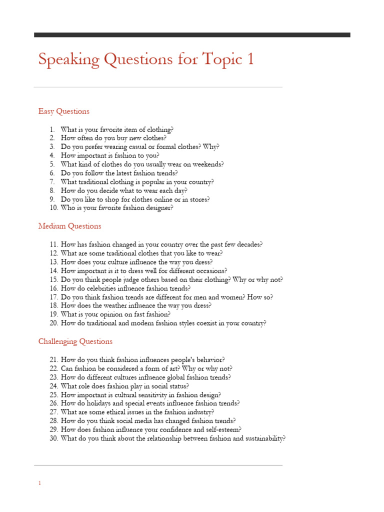 Speaking Questions for Topic 1,2 (1) | PDF | Diet (Nutrition) | Diet ...