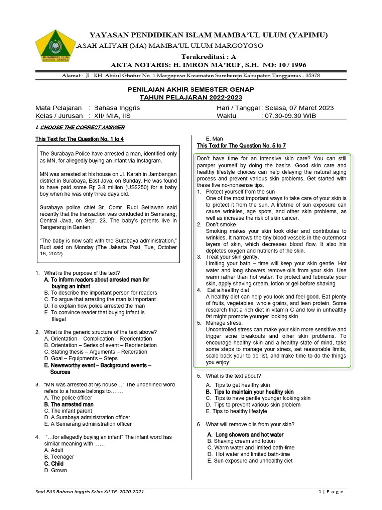 Soal Pas Bing Xii Genap 2023 Ak | PDF | Cakes | Tobacco Smoking