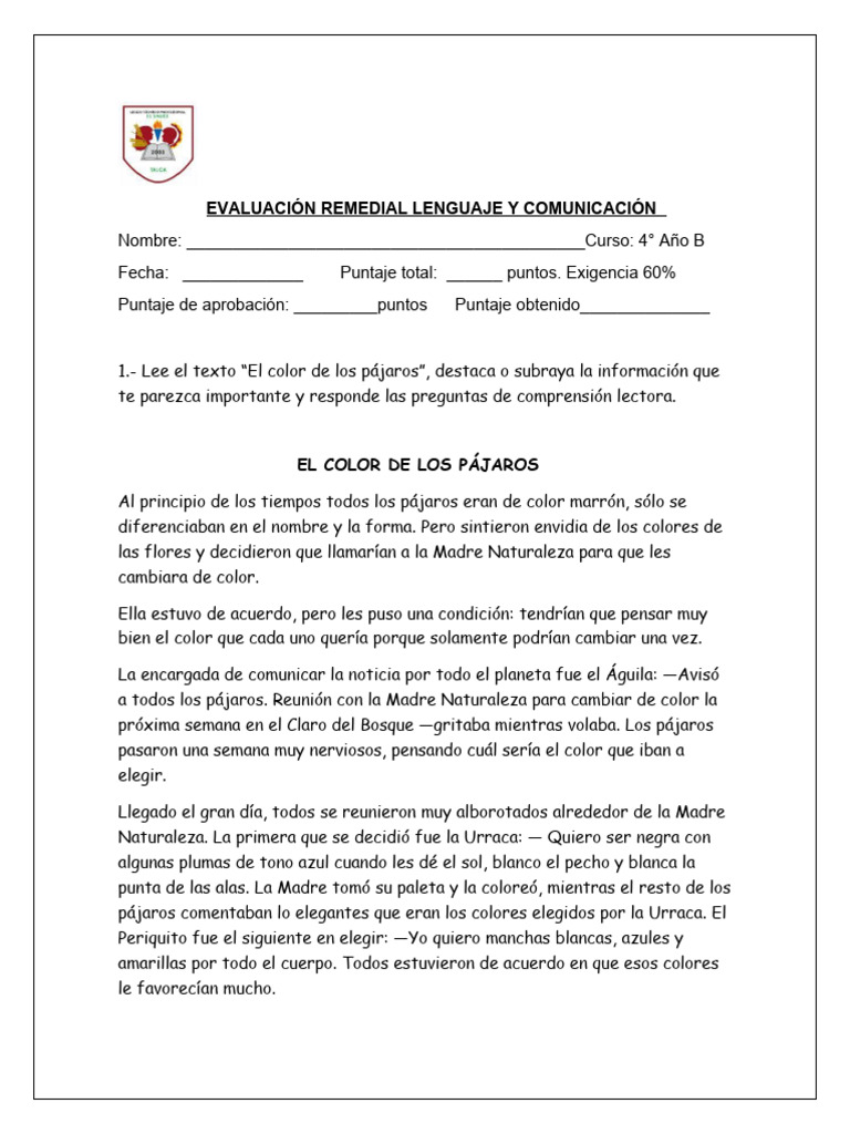 Evaluación Remedial Lenguaje y Comunicación 4 Basico | PDF | Color
