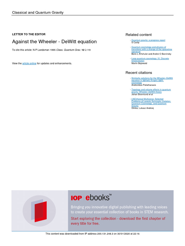 Artigo - Against The Wheeler-DeWitt Equation (Landsman) | PDF ...