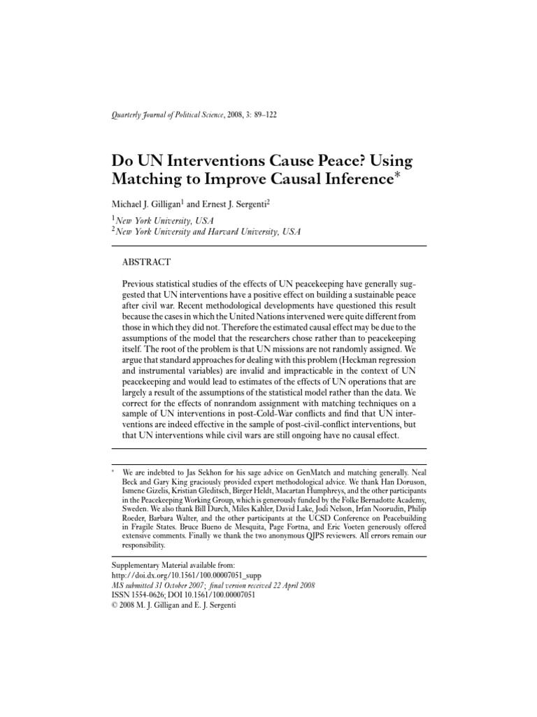 Do UN Interventions Cause Peace? Using Matching To Improve Causal Inference | PDF | Confounding ...