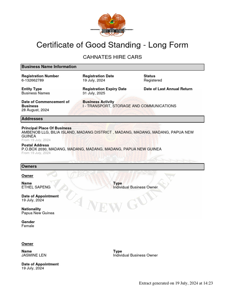 Certificate of Good Standing Business Names - Long Form | PDF