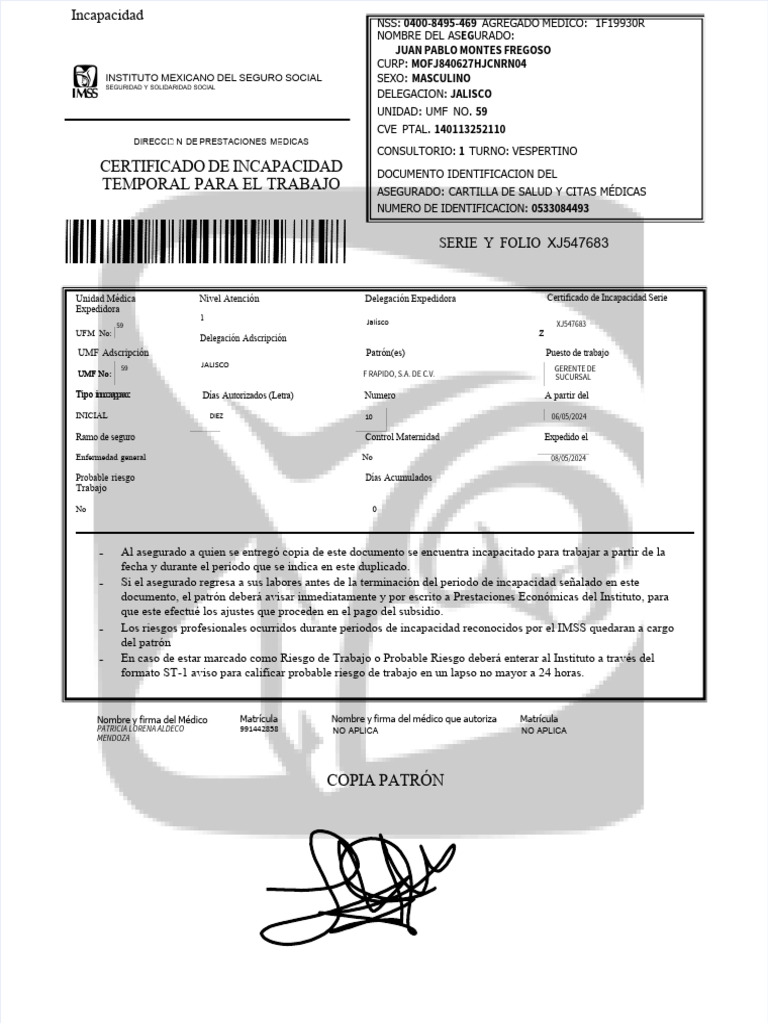Certificado de Incapacidad Temporal IMSS | PDF