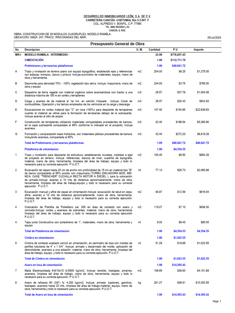 Presupuesto Opus Rinconadas Desglosado | PDF | Fundación (Ingeniería) | Materiales de construcción