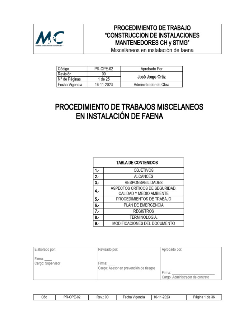 PR-OPE-02 Proc. Miscelaneos en Instalación de Faena Rev 02 | PDF | Camión