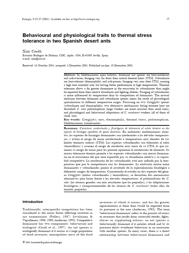 Behavioural and Physiological Traits To Thermal Stress Tolerance in Two ...