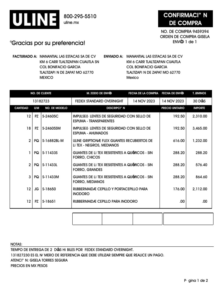 Uline Order Confirmation 13182723 9459394 144955391 1 | PDF