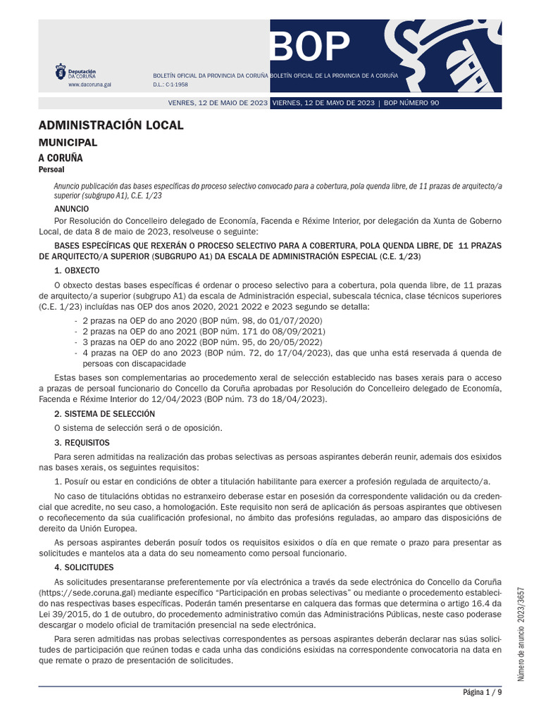 Anuncio BOP Bases 11 Prazas Arquitecto-A | PDF