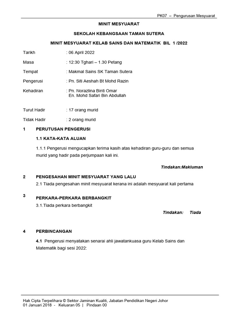 Minit Mesyuarat Murid Kali 1 Kelab Sains & Mate 2022 | PDF
