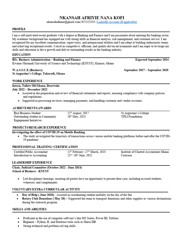 Ghana CV Sample for Banking Graduates | PDF | Banks | Ghana