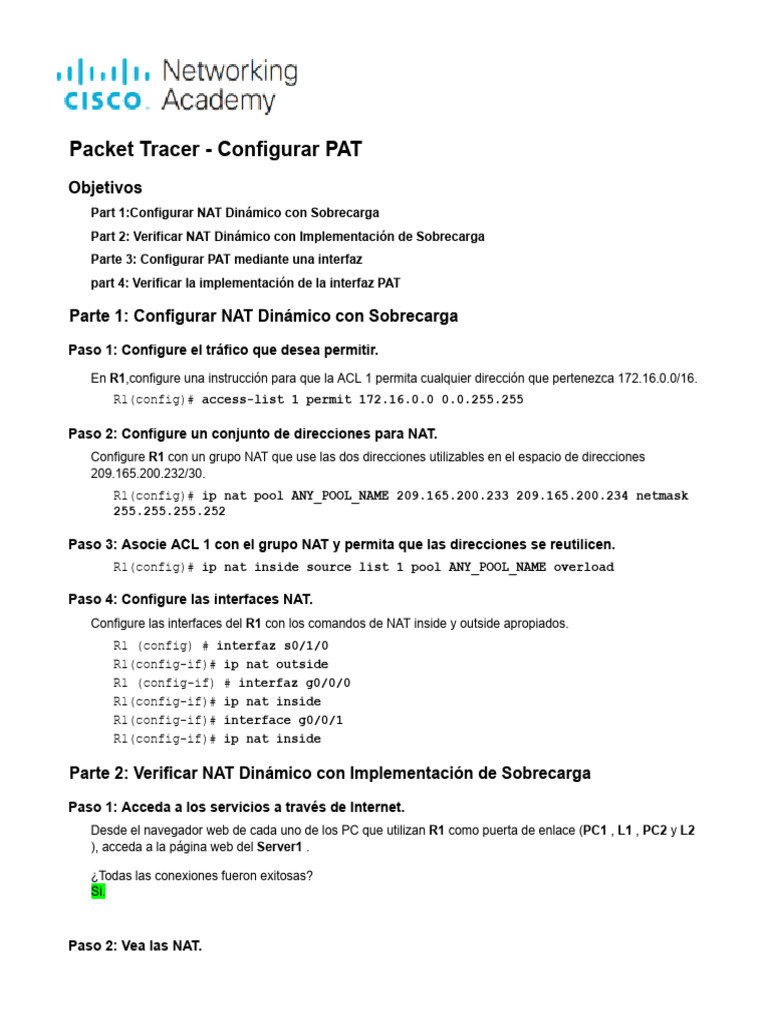 6.6.7 Packet Tracer - Configure Pat Instructions - Es XL | PDF ...