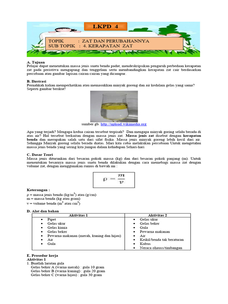 LKPD Bab 2 Sub Bab 4 Kerapatan Zat | PDF