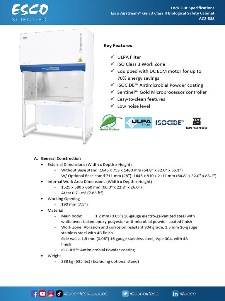 Esco Airstream Gen 3 Class II BSC - AC2 - 5S8 - Lock Out Specifications ...