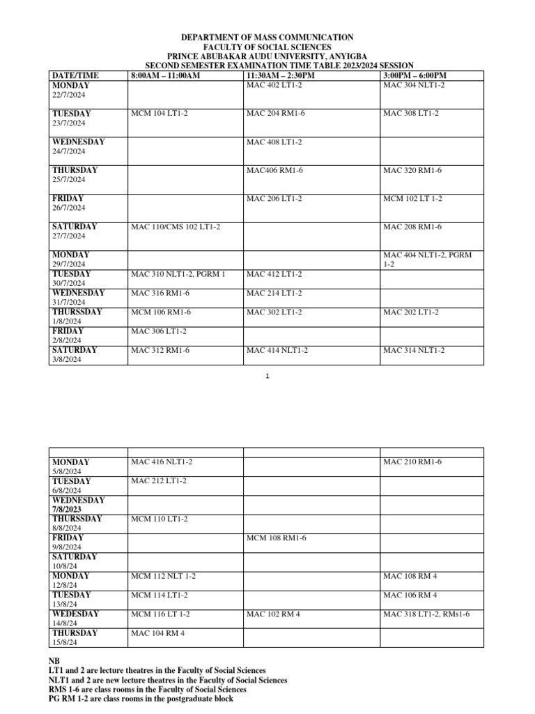 Revised 2nd Semester Timetable Mass Comm. | PDF