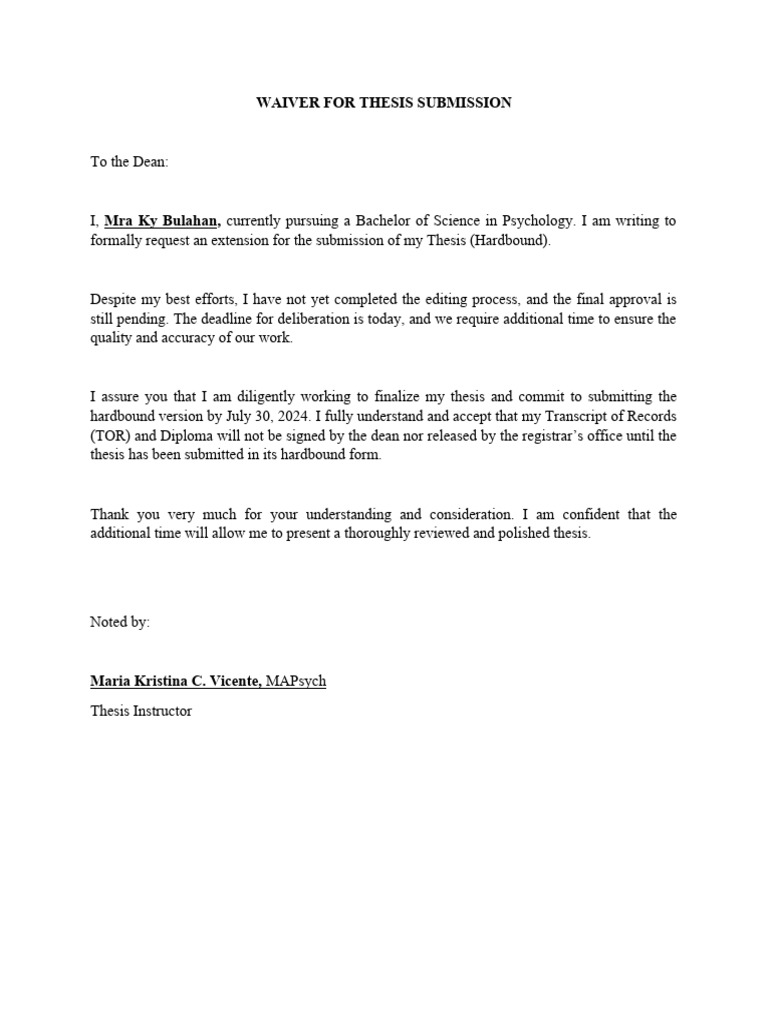 Waiver For Thesis Submission | PDF | Thesis | Human Communication