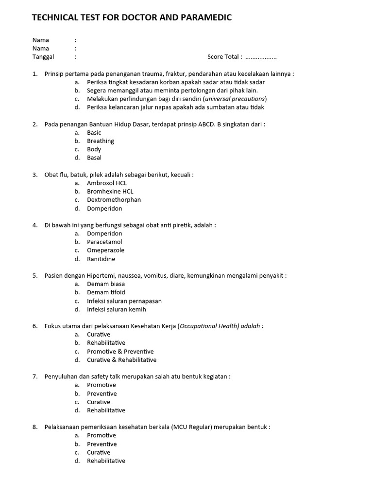 Technical Test For Doctor and Paramedic | PDF