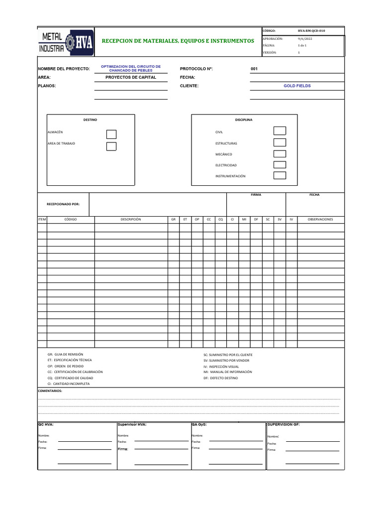 HVA-RM-QCD-010 - RECEPCIÓN DE MATERIALES EQUIPOS E INSTRUMENTOS - Rev.B | PDF