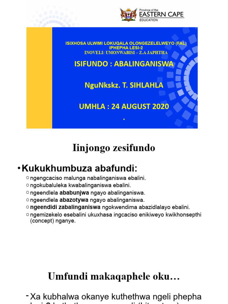 01 Isixhosa Grade 12 Fal - Novel Umonwabisi Abalinganiswa | PDF | Bantu