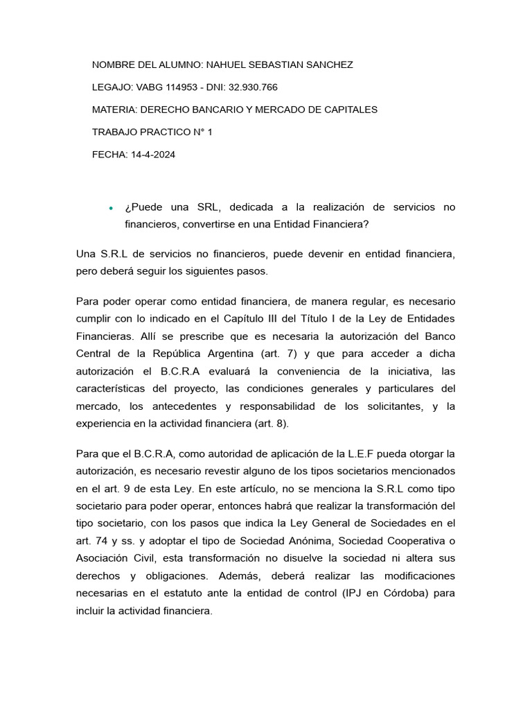 Trabajo Practico 1 - Derecho Bancario y Mercado de Capitales | PDF | Bancos | Cooperativa