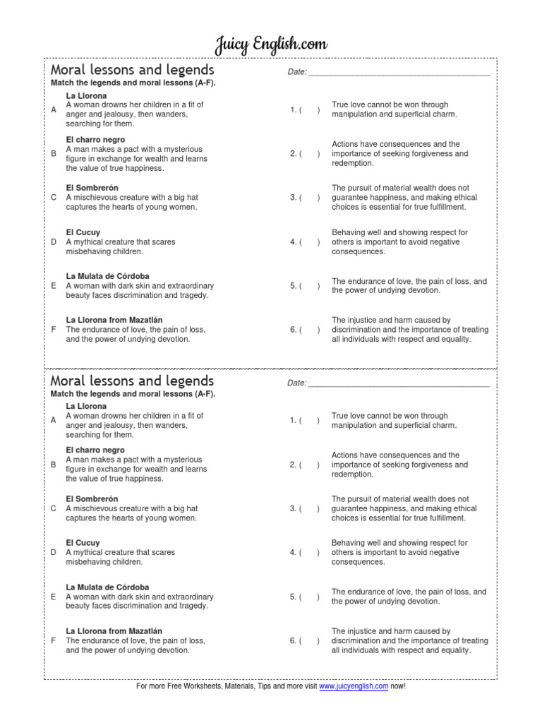 Legends and Moral Lessons Matching | PDF | Happiness | Social Psychology