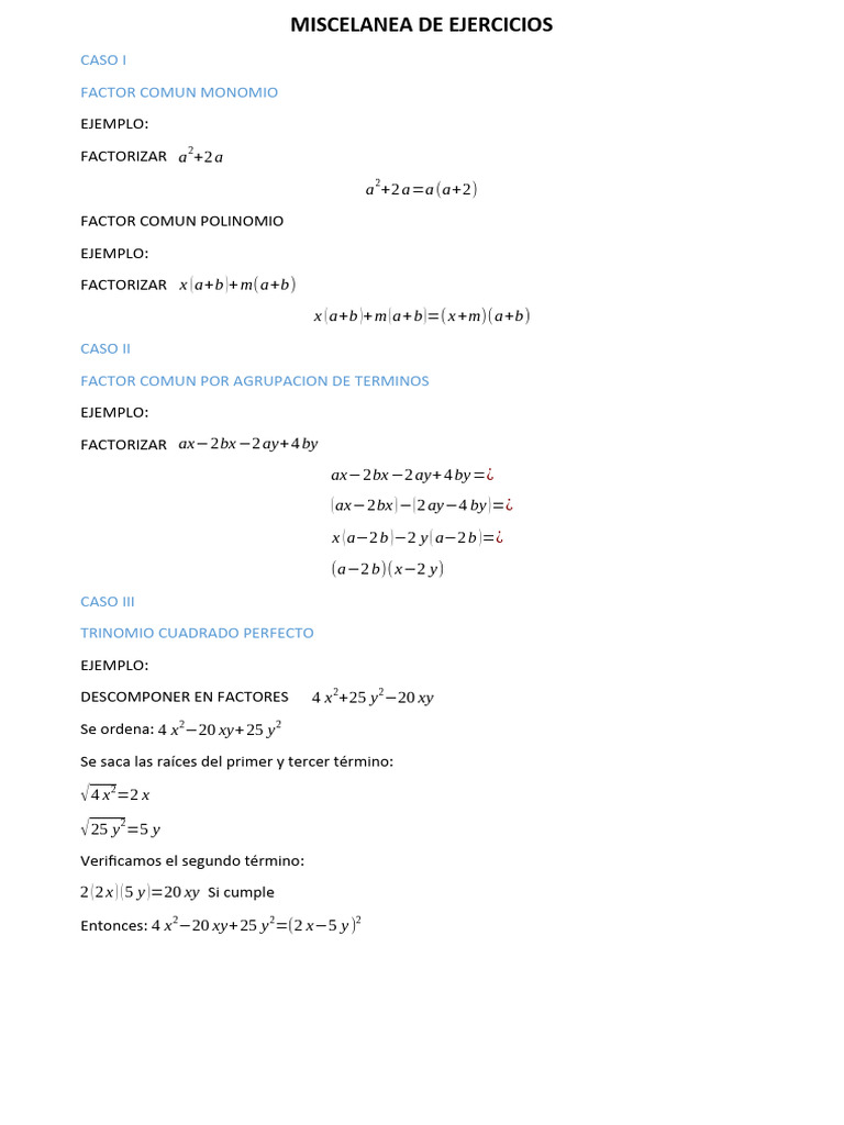 Miscelanea de Ejercicios | PDF | Factorización | Álgebra abstracta