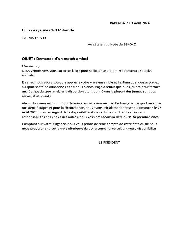Lettre de Demande D'un Match Amicale Aux Véérans de BEKOKO | PDF
