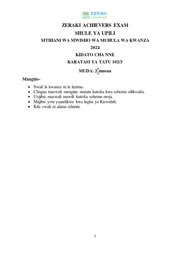 Paper 3 Question Paper Zeraki Achievers 12.0 - March 2024 | PDF