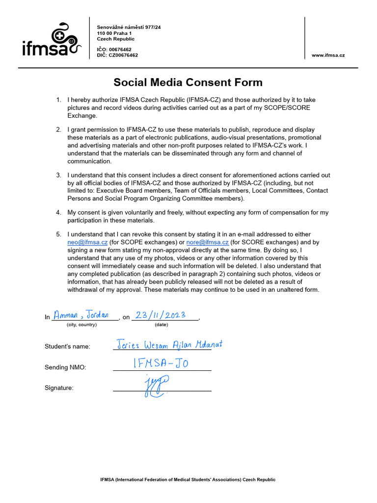 IFMSA-CZ Social Media Consent Form | PDF | Health Care | Health Sciences