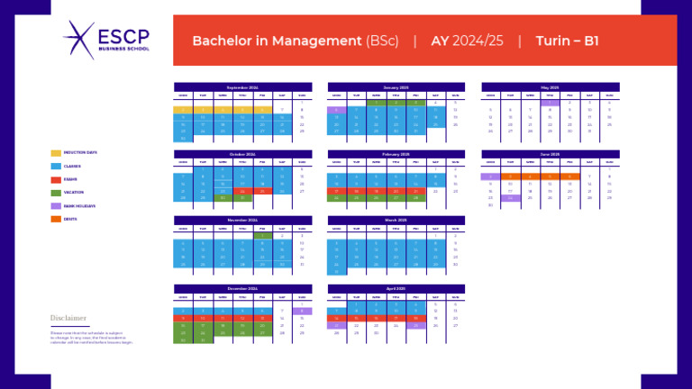 BSC - Calendar AY 2024-2025 - TURIN B1 | PDF