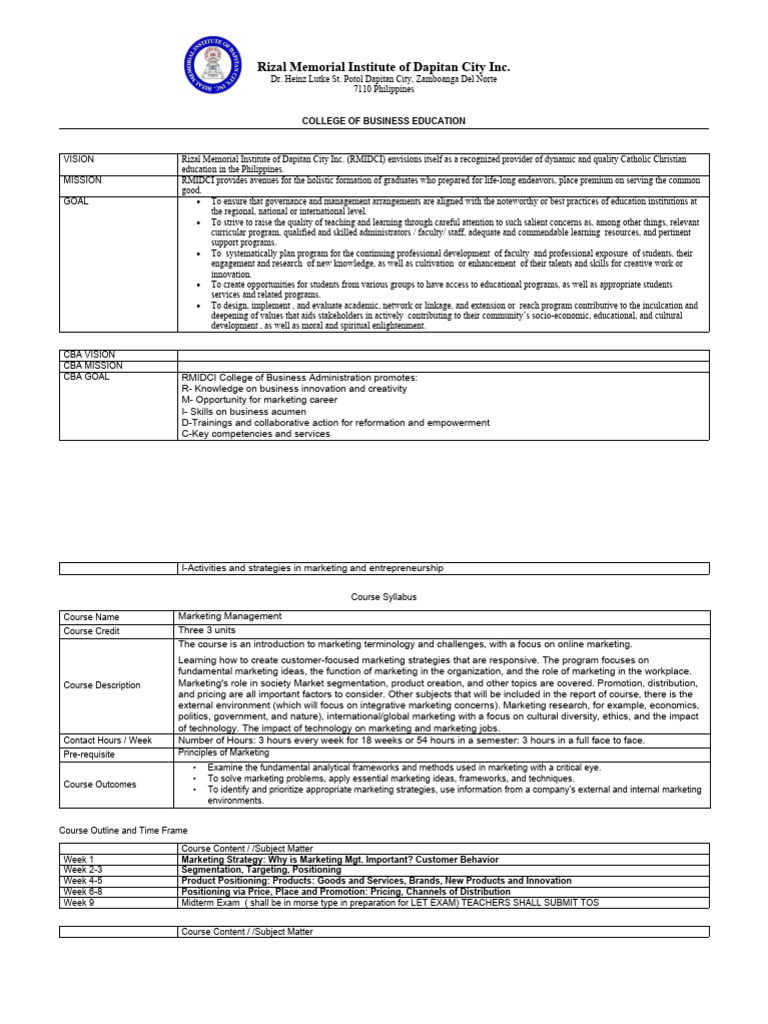 Marketing Management Course Syllabus | PDF | Marketing | Strategic ...