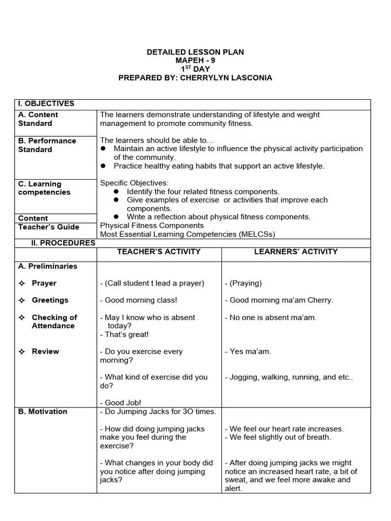 MAPEH LESSON PLAND 1st DAY | PDF | Physical Fitness | Learning