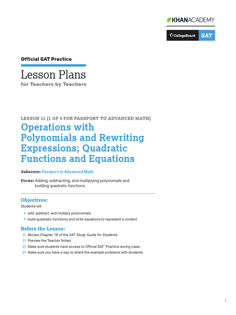 Lesson Plan 11 Math - Operations With Polynomials and Rewriting ...