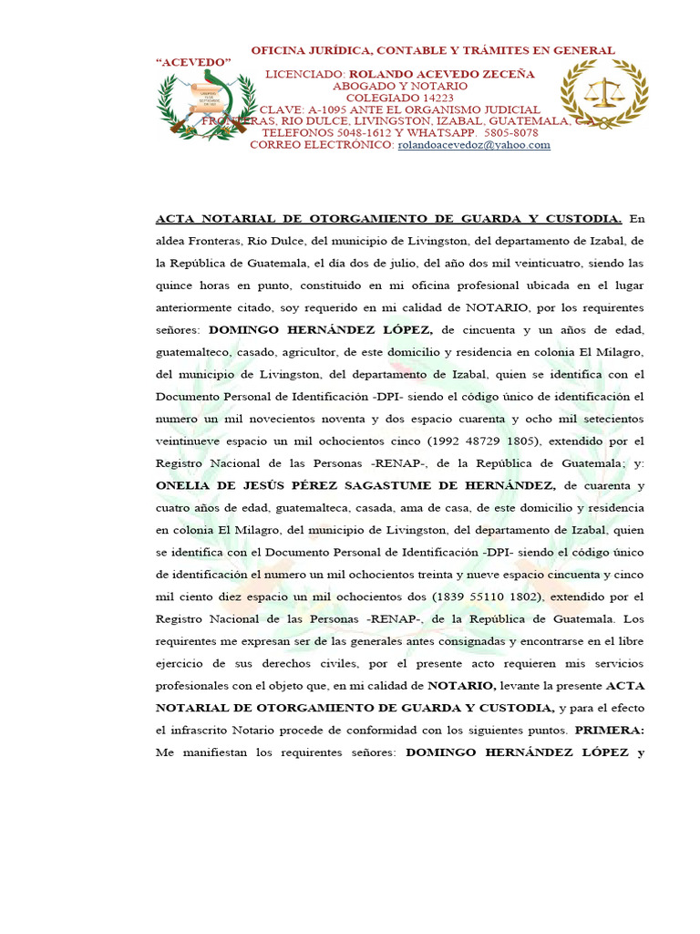 ACTA NOTARIAL DE OTORGAMIENTO DE GUARDA Y CUSTODIA DE DOMINGO HERNÁNDEZ ...