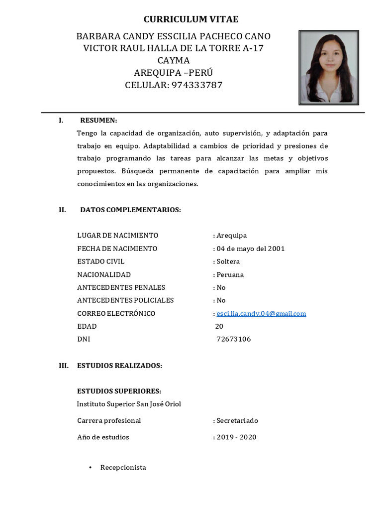 Curriculum Vitae Barbara Pacheco Actualizado | PDF | Business