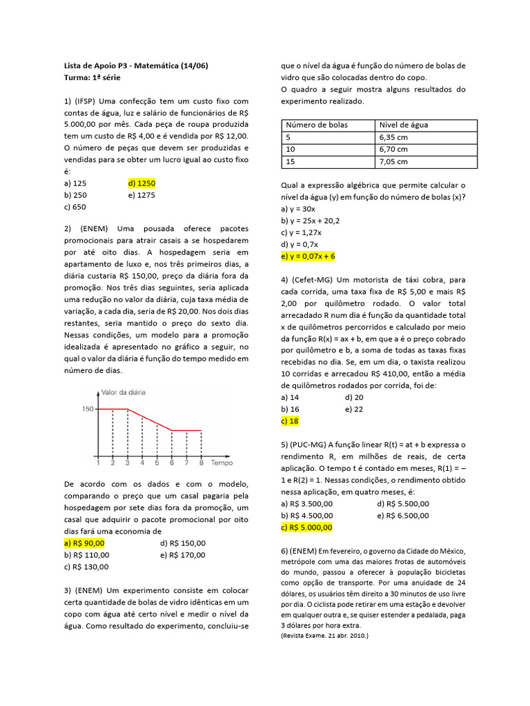 Lista de Apoio P3 - Matemática - 1 Série (14 06) - Gabarito | PDF