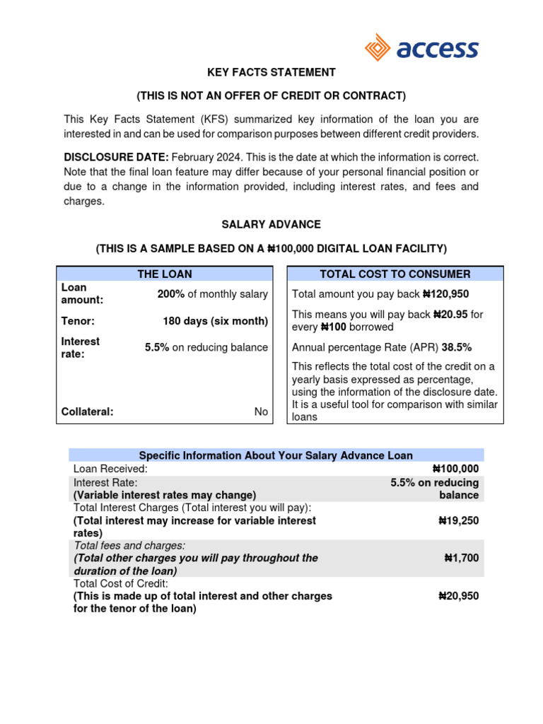 Salary Advance Key Facts Statement | PDF | Finance & Money Management | Credit