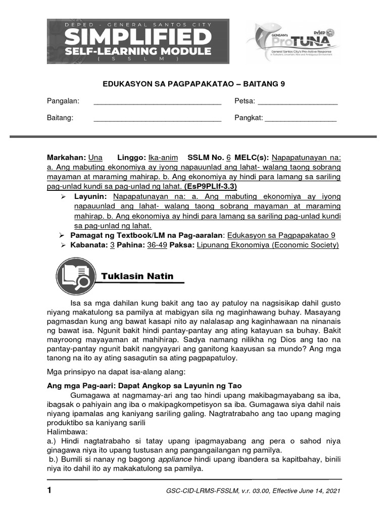 ESP9 Quarter 1 SSLM 6 Lipunang Ekonomiya Economic Society | PDF