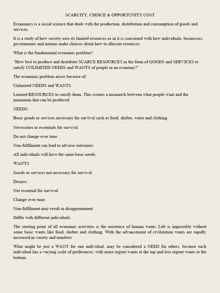 Scarcity, Choice, and Opportunity Cost Explained | PDF | Opportunity ...