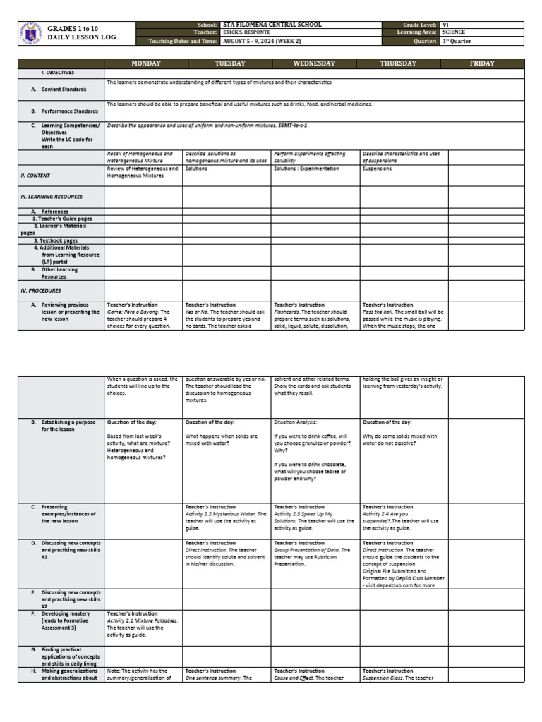 DLL - Science 6 - Q1 - W2 | PDF | Mixture | Learning