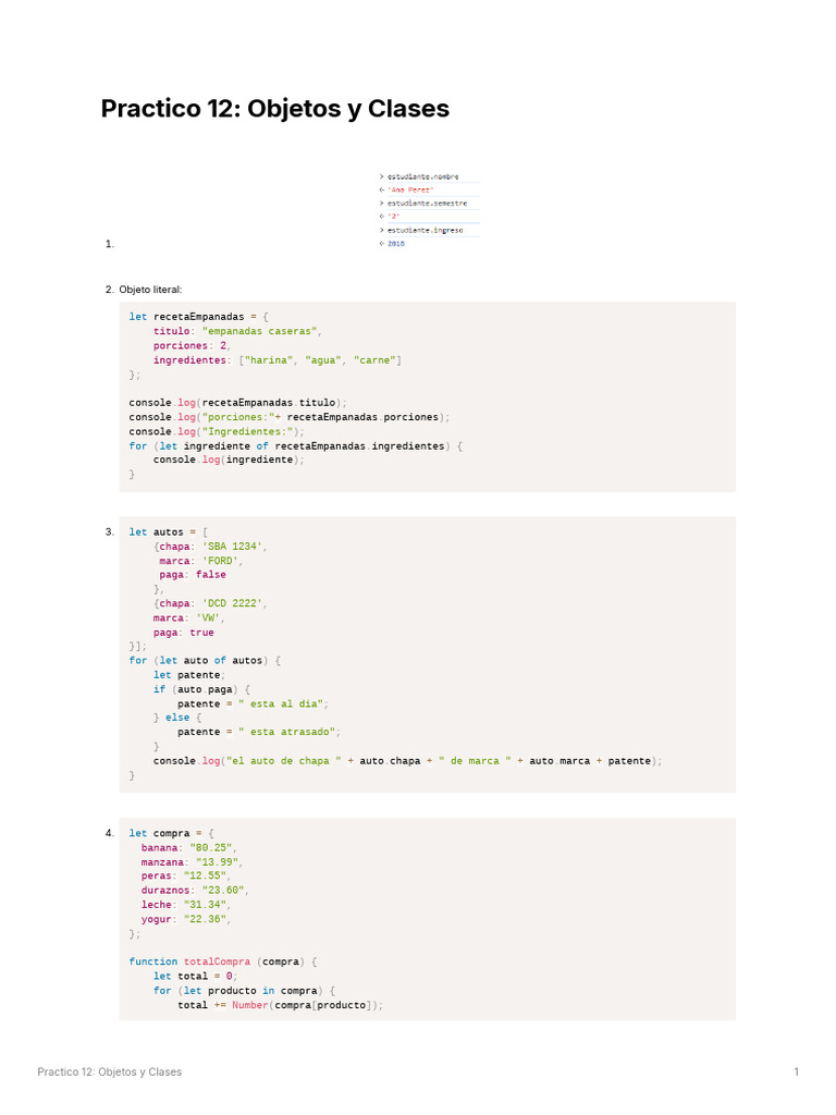 Practico 12 Objetos y Clases JavaScript | PDF | Alimentos