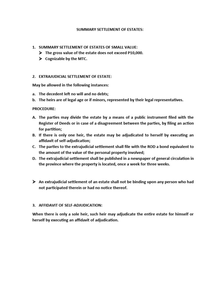 Summary Settlement of Small Estates | PDF | Deed | Civil Law (Legal System)