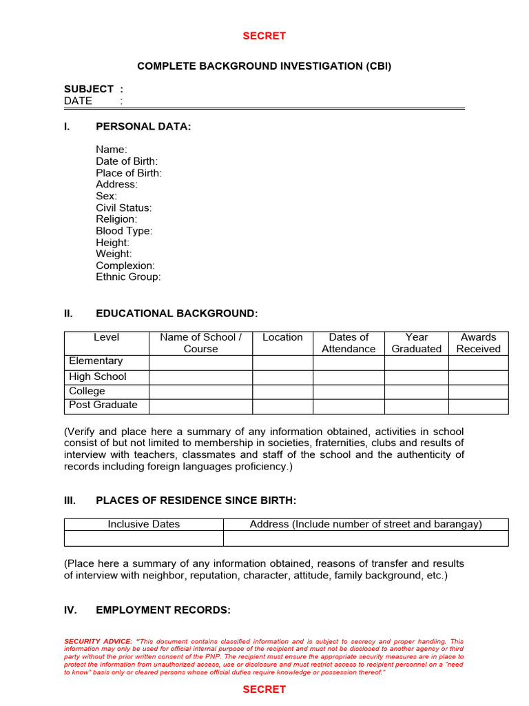 Complete Background Investigation (Cbi) Subject:: Secret | PDF | Classified Information | Justice