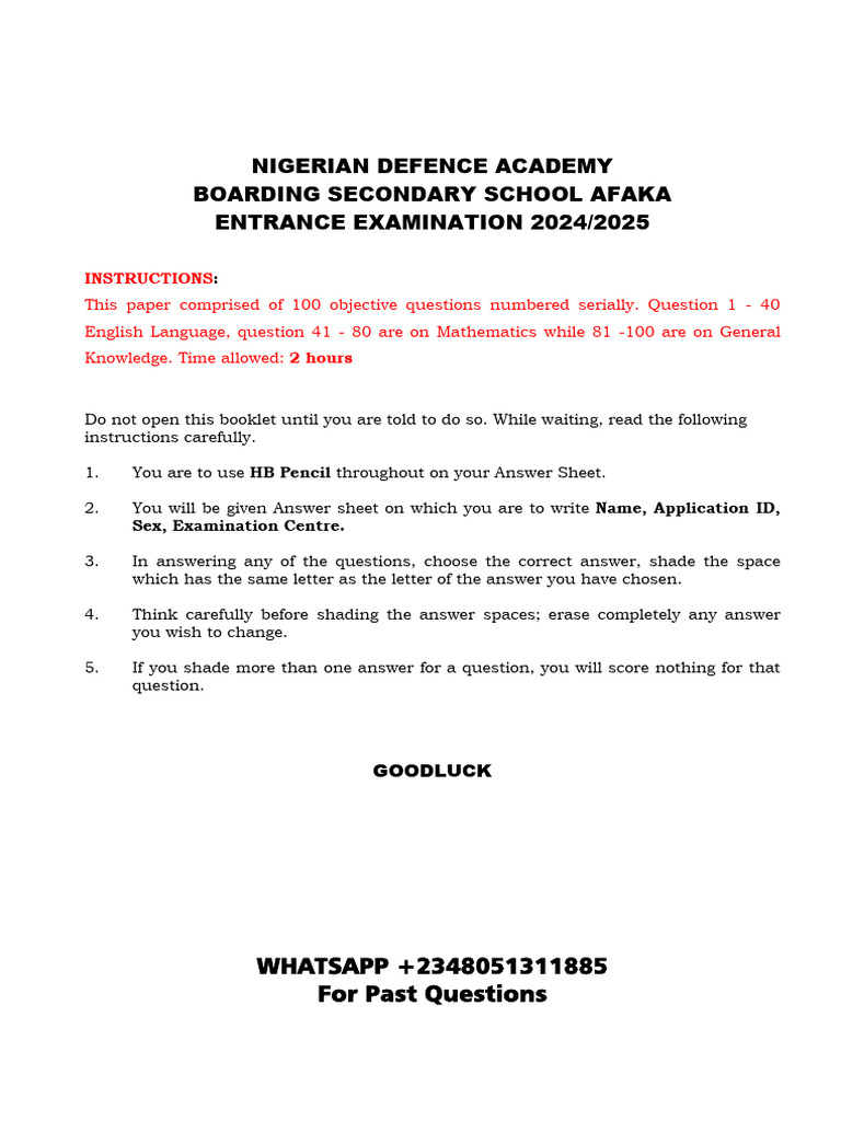 Free NDA Junior Secondary School Afaka Past Questions and Answers | PDF ...