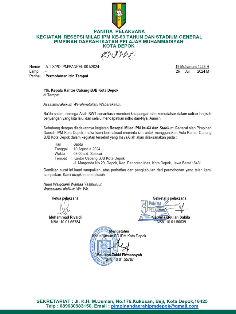 Izin Tempat Resepsi Milad IPM 63 | PDF | Olahraga & Rekreasi