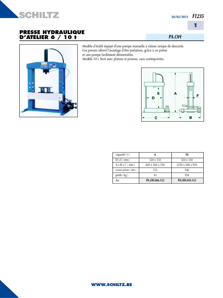 Presse hydraulique d'atelier 6 à 100 t | PDF | Gaz | Mécanique des ...