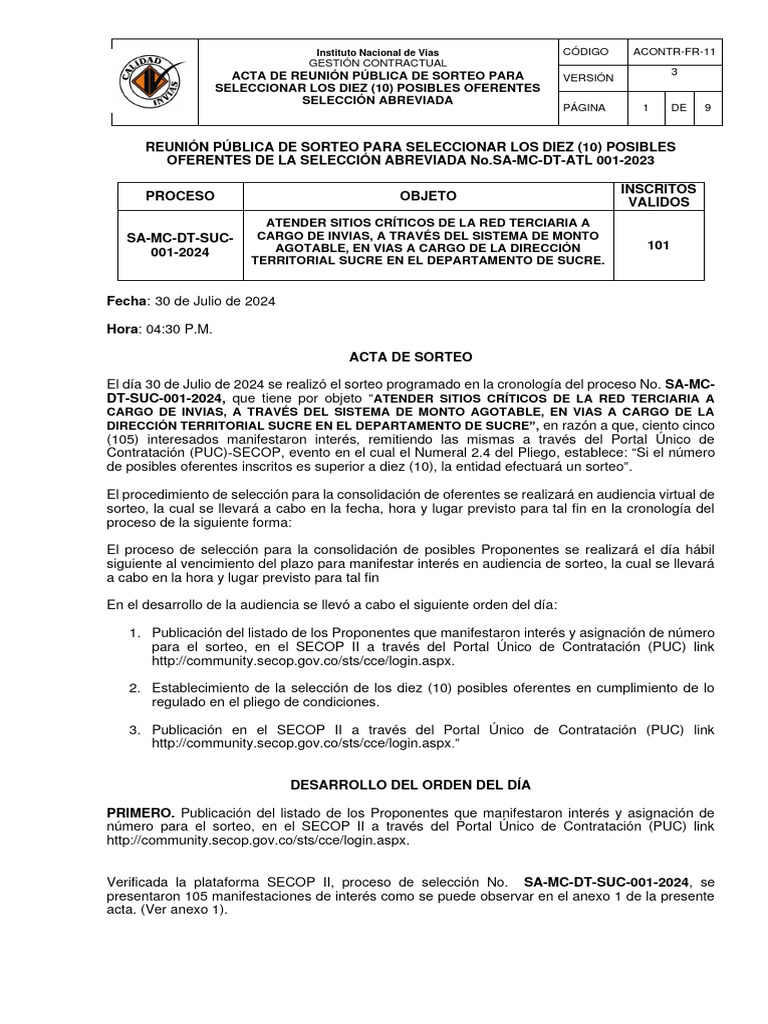 fd.145 ACTA DE SORTEO SA MC DT SUC 001-2024 | PDF