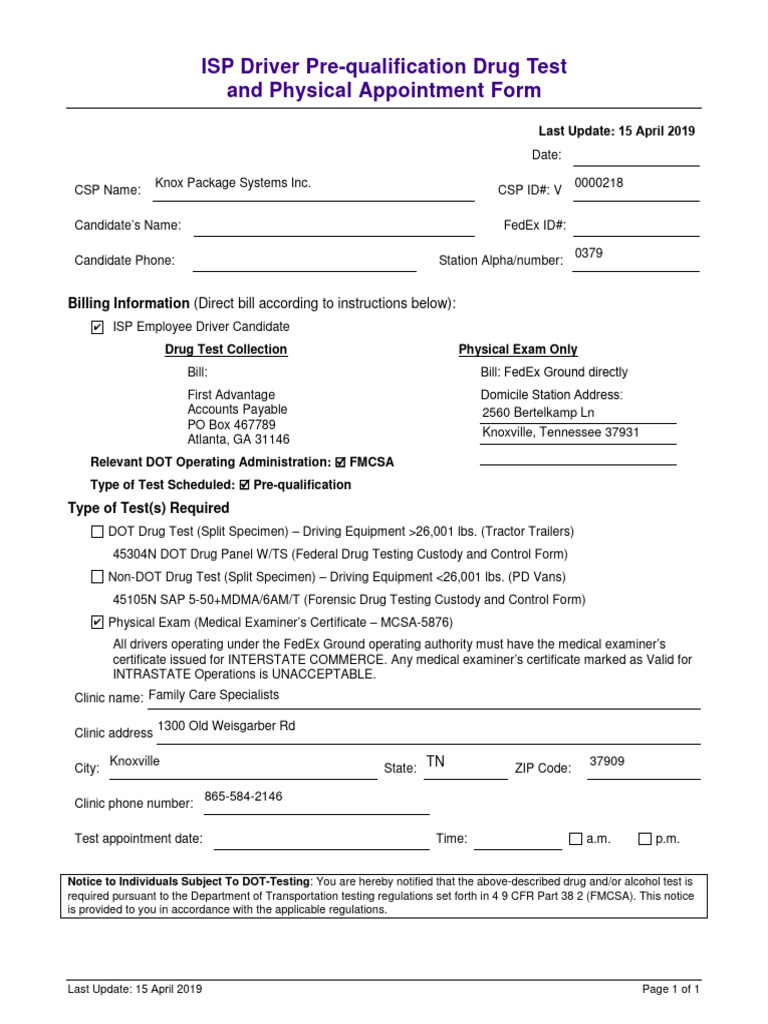 ISP Driver Drug Test Appointment Form | PDF