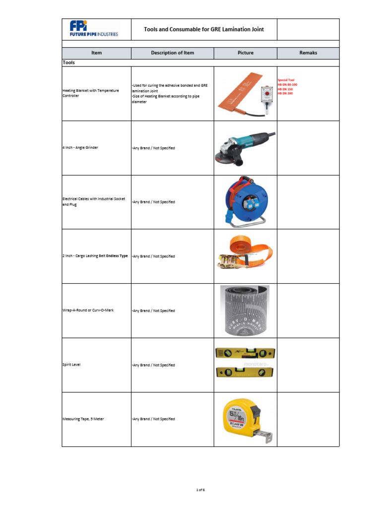 Tool and Consumable For GRE Lamination Joint | PDF | Pipe (Fluid ...