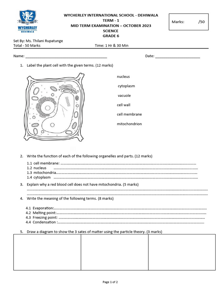 Grade 6 - Science - T1 - MTT - OCTOBER 2023 | PDF | Cytoplasm | Cell ...