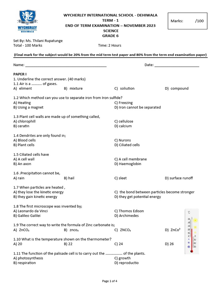 Grade 6 Science Exam November 2023 | PDF | Atmosphere Of Earth | Oxide